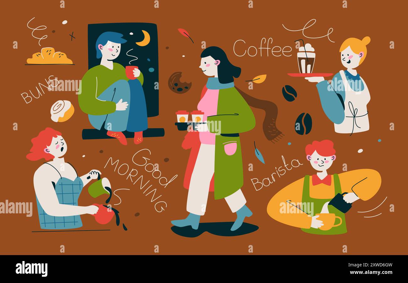 Good morning with coffee - modern colored vector illustration set Stock ...