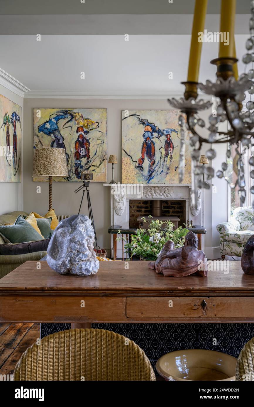 Modern art by Geoff Price and sculptures with glass chandelier in ...