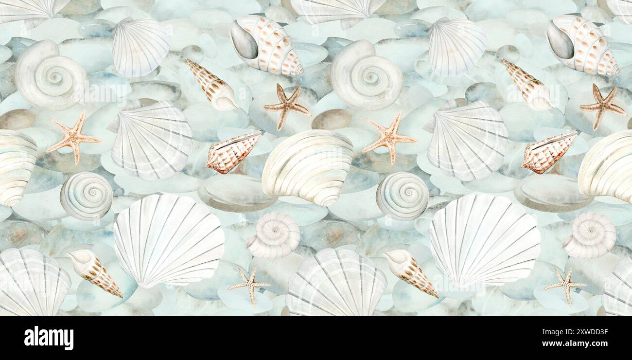 Seamless pattern of beige sea shells, stars and pebbles watercolor ...