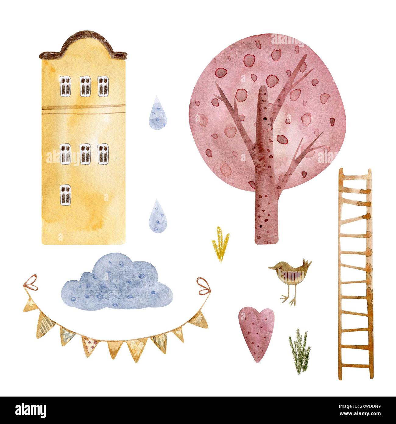 Set of cute watercolor illustrations of country houses. Hand drawn ...
