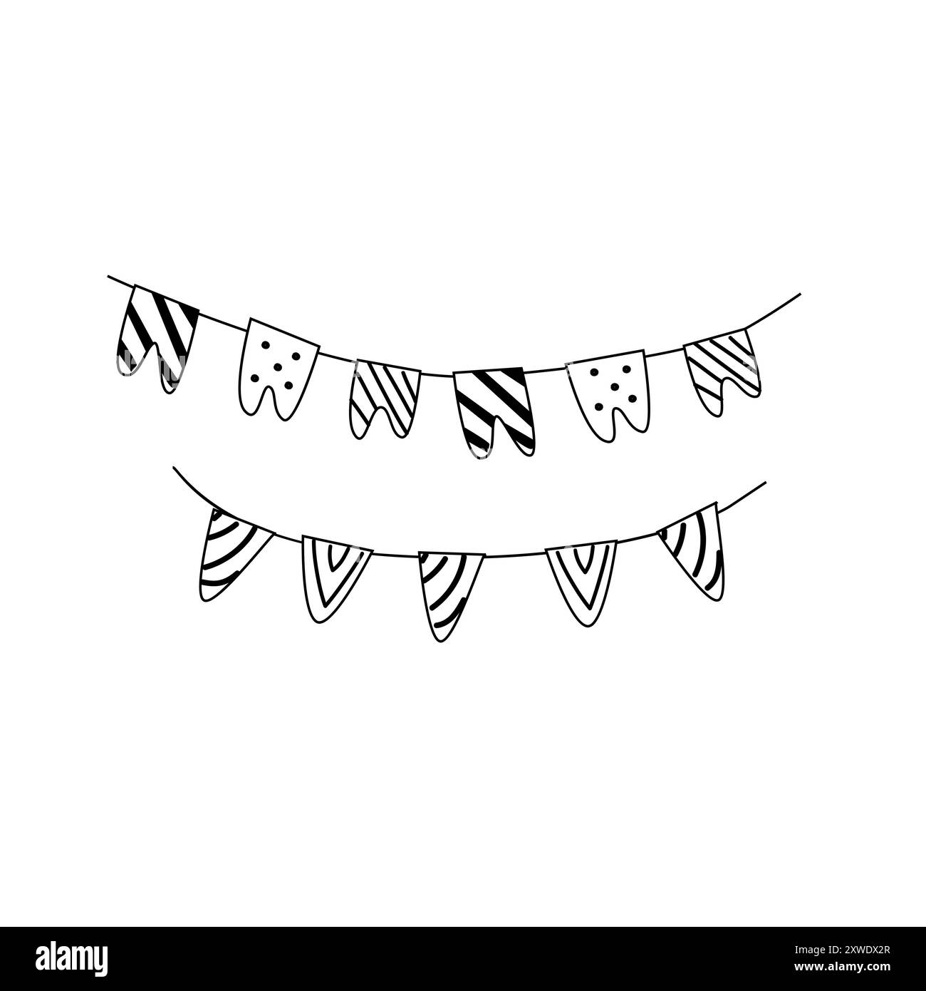 celebration doodle bunting flags set with stripes and dots. Isolated icons. Hand drawn vector ...