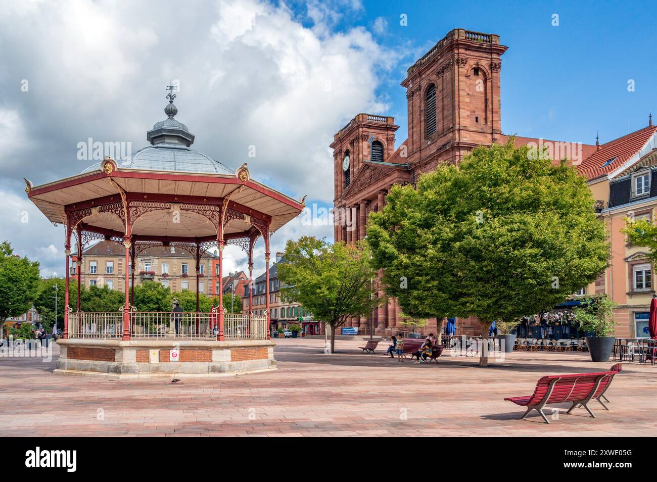 The square Place d'Armes in Belfort, France, withe the cathedral Saint ...