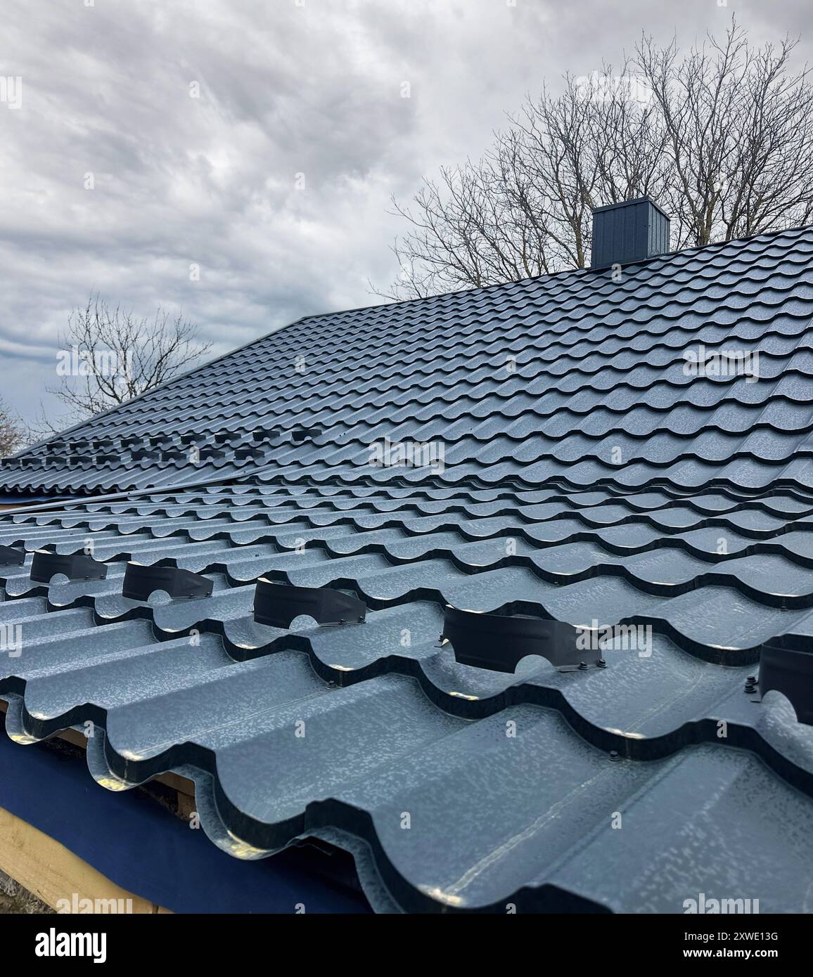 Close-up house roof with steel roofing sheet. Blue modular tile effect ...