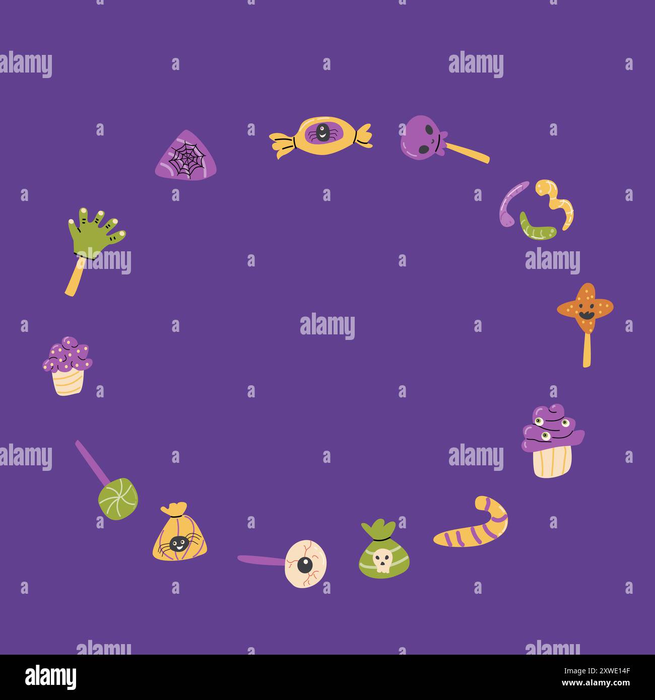 Halloween cute frame with funny sweets, spiders and skull candy, spooky ...