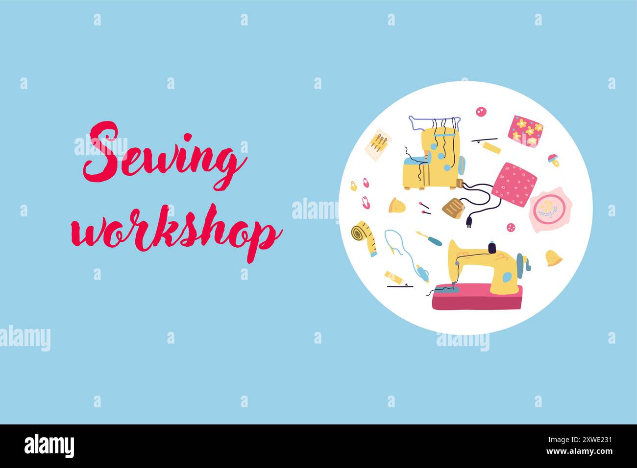 Hand drawn sewing workshop or courses of dressmaking, handcraft banner ...