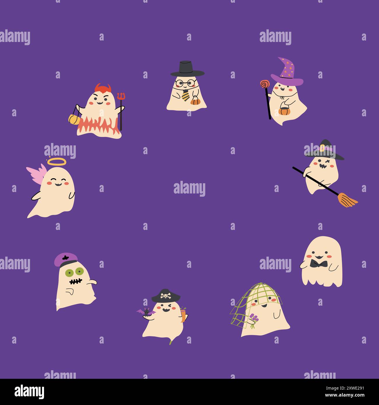 Halloween cute frame or border with funny characters, Ghosts in ...