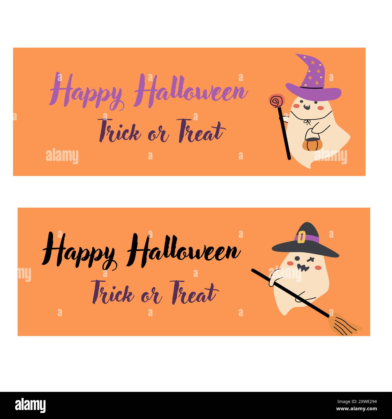 Halloween horizontal banners set. Childrens ghost illustrations in flat ...