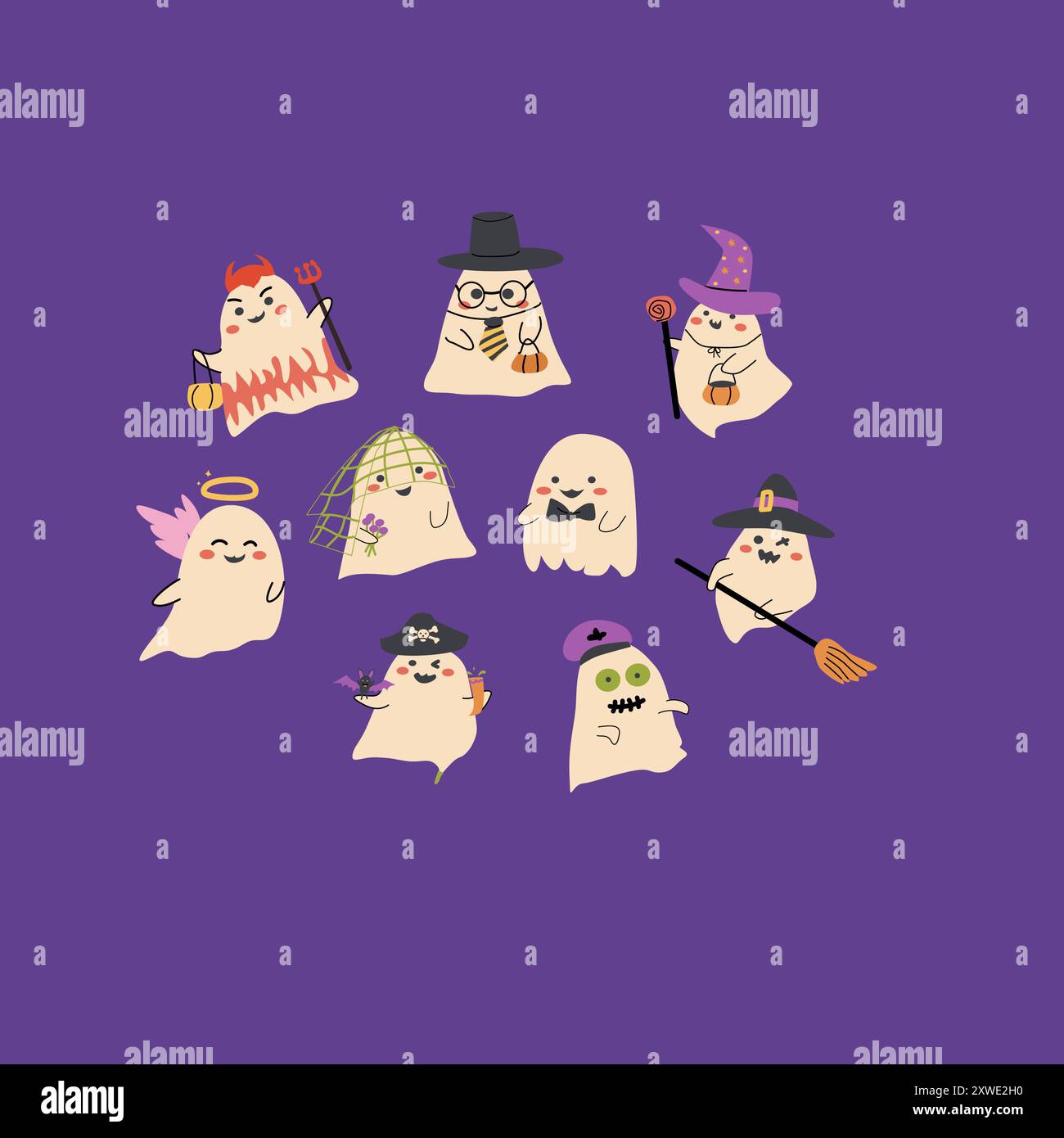 Cute halloweens ghosts set or round background. Collection of cute ...