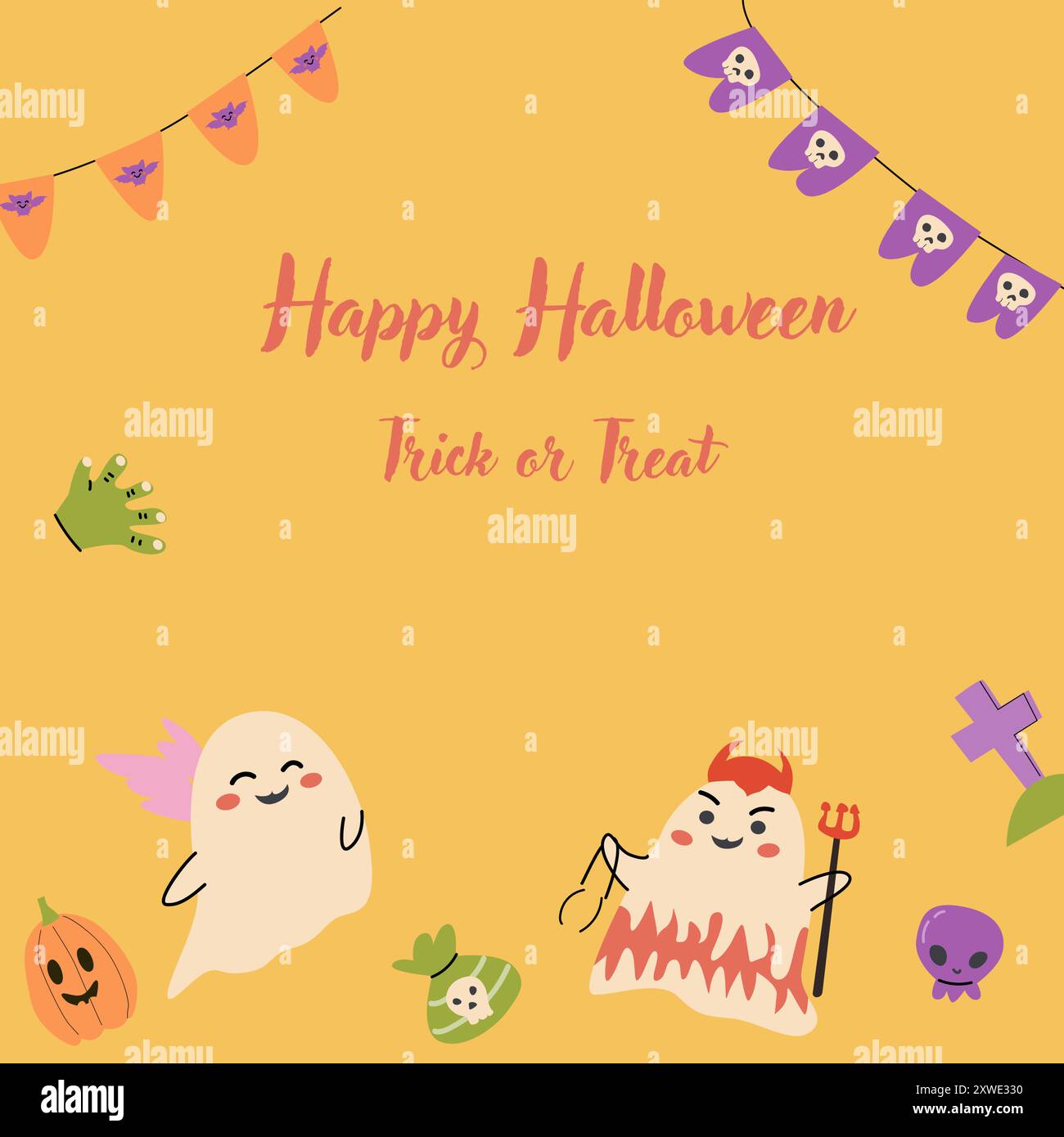 Cute Halloween ghosts party invitation card design. Funny spooky ...