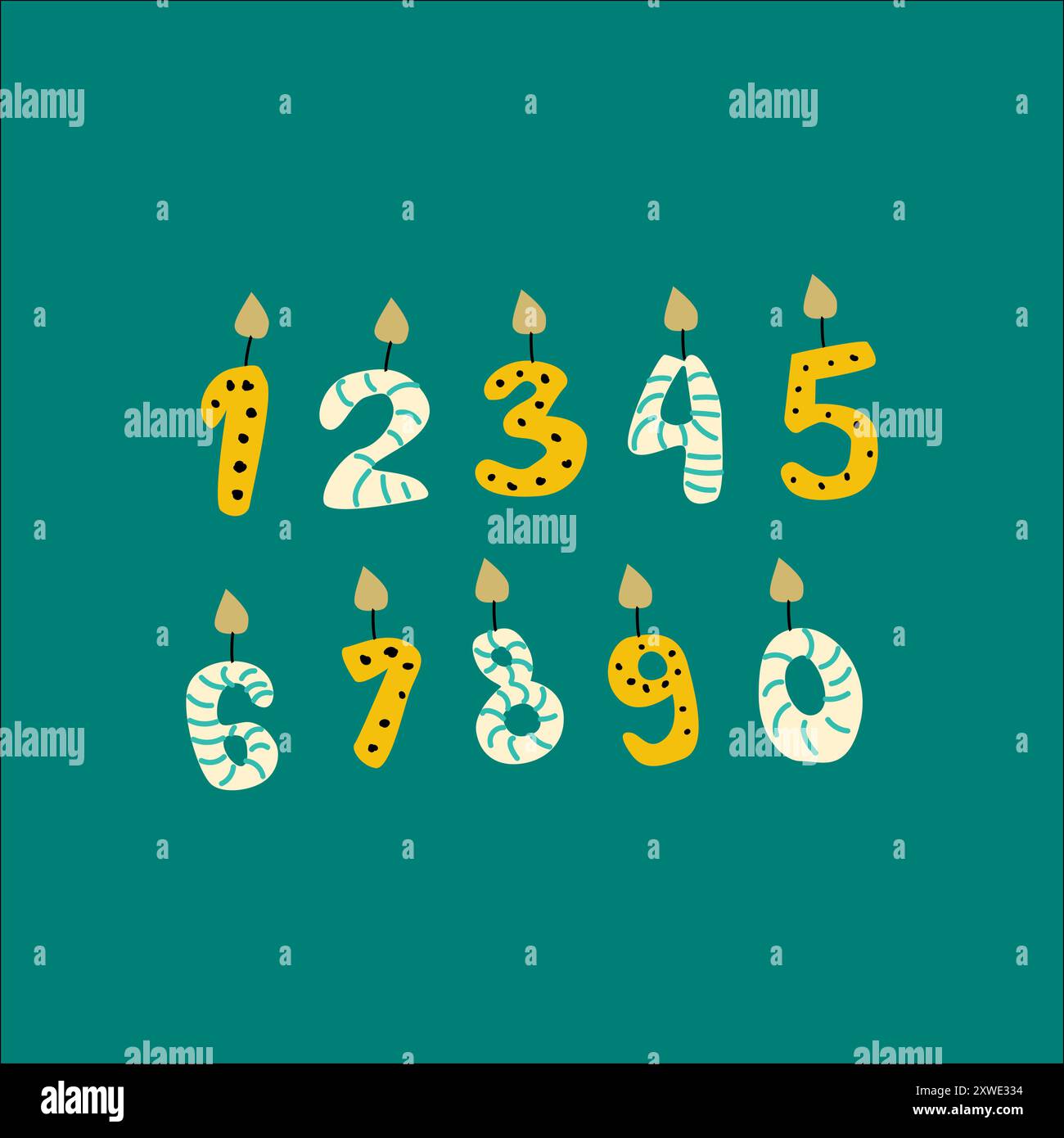 Doodle Candle numbers in hand drawn style with stripes and dots. Simple ...