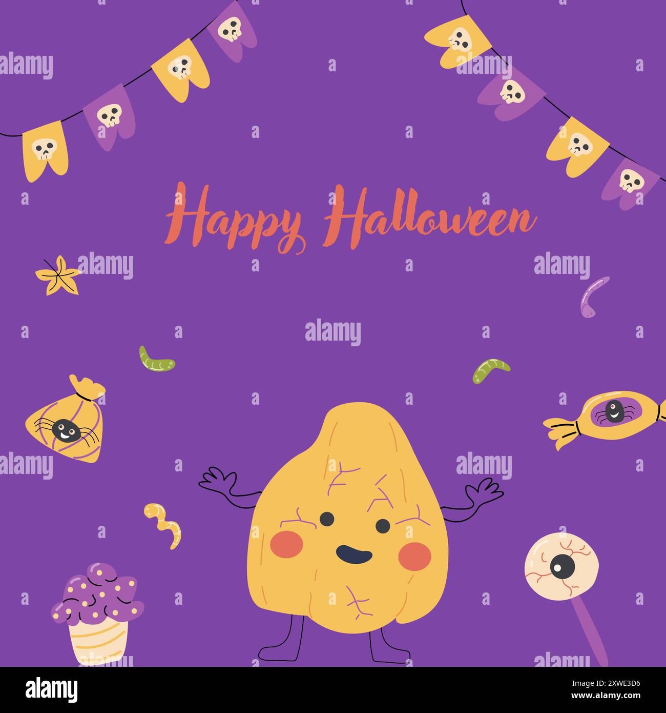 Childrens Halloween party cute card template. Cartoon characters ...