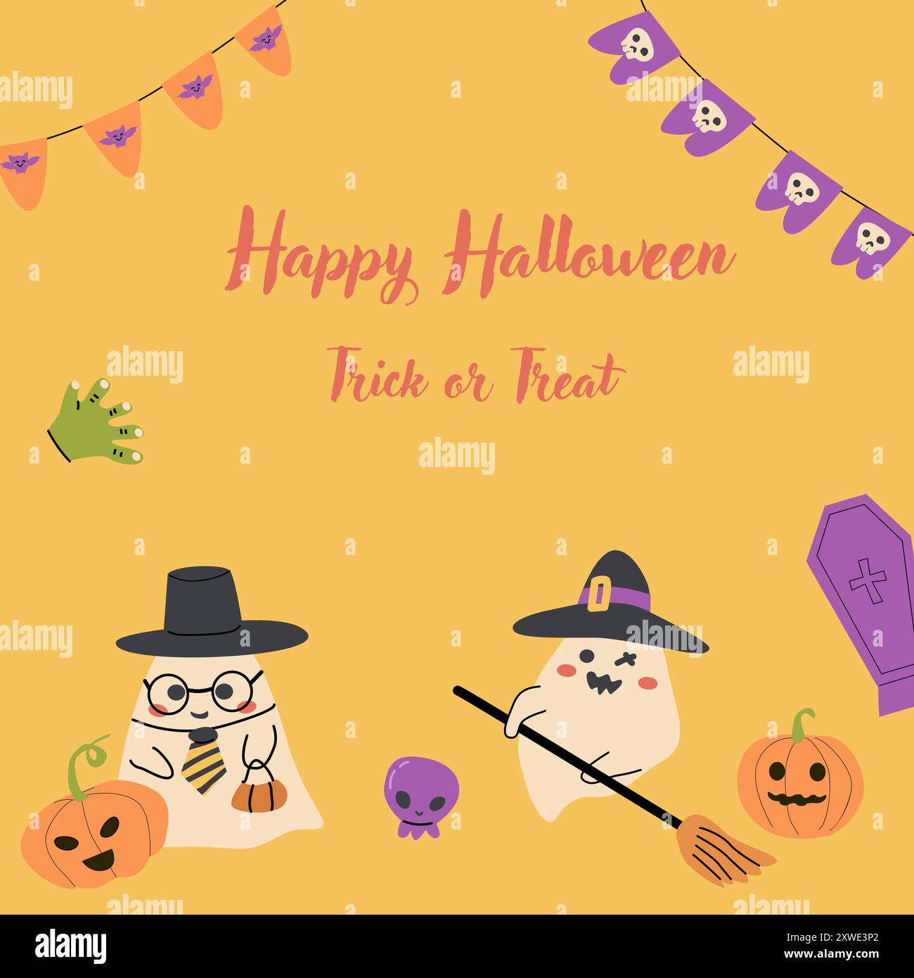 Cute Halloween ghosts party invitation card design. Funny spooky ...