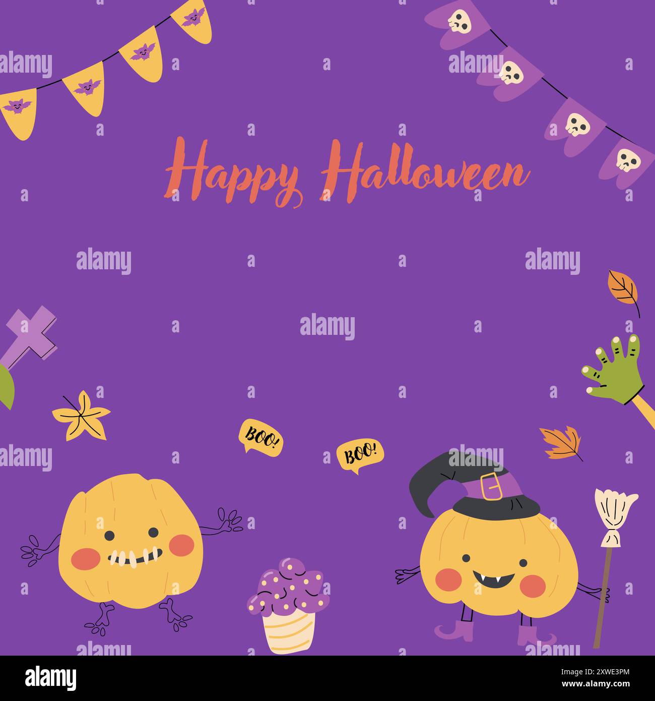 Childrens Halloween party cute card template. Cartoon characters ...