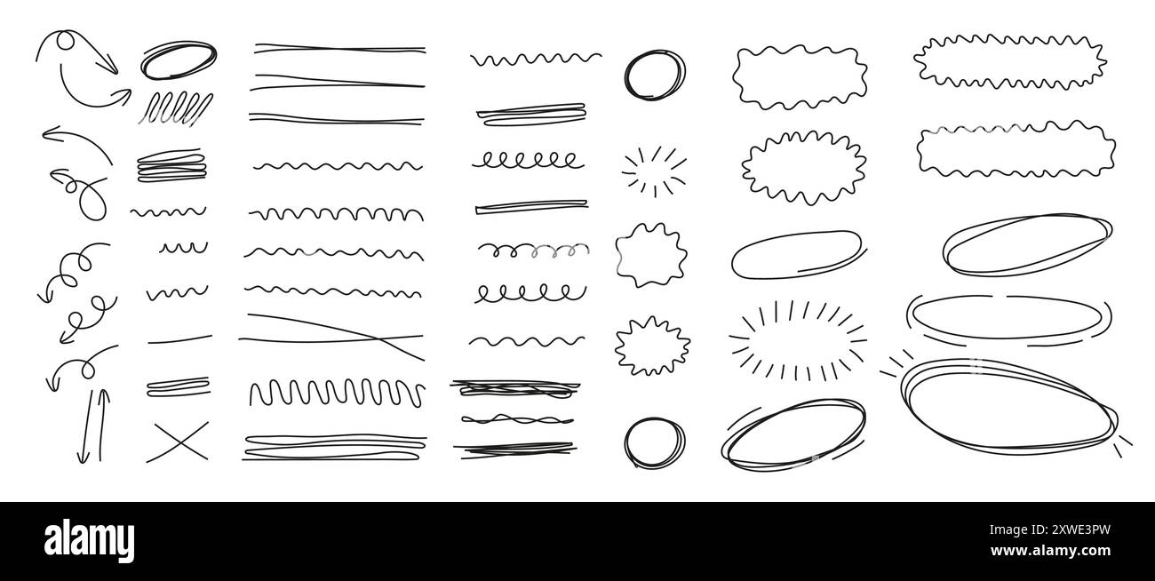vector illustration featuring a set of scribble doodle underline ...