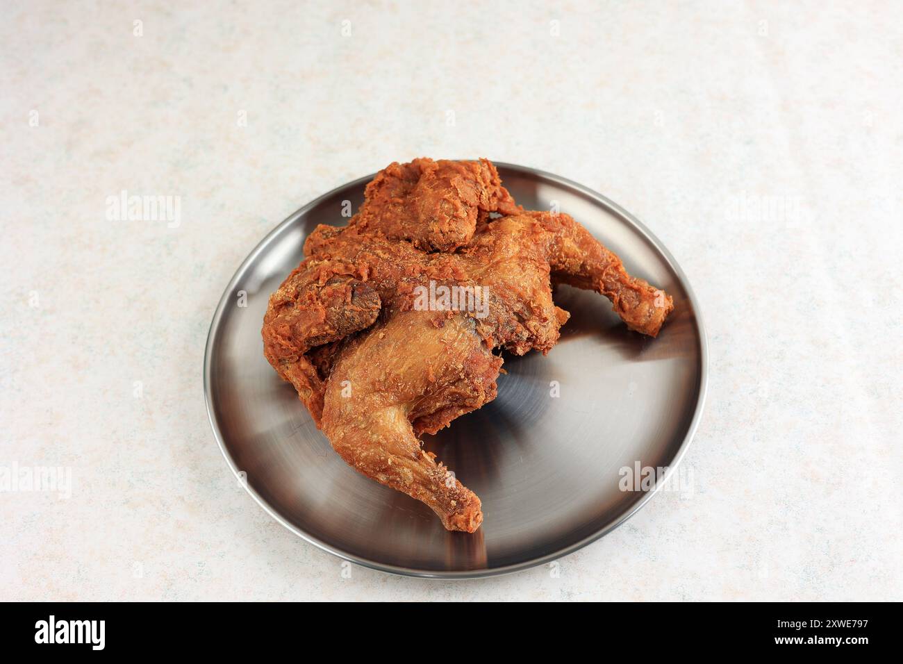 Whole Chicken Fried and Crispy on Silver Korean Plate. One Whole Crispy ...