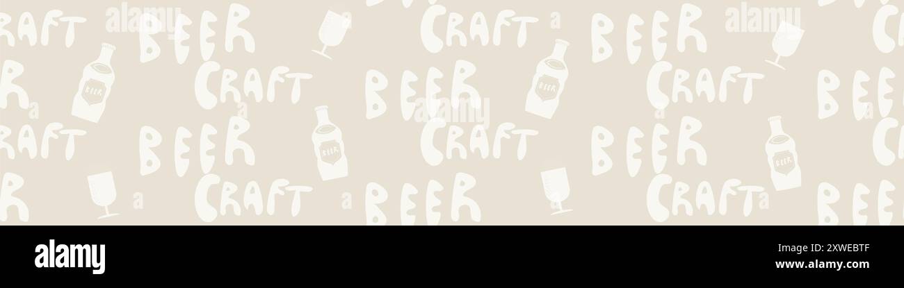 Retro hand-lettered word Beer and tiny bottles seamless vector border ...