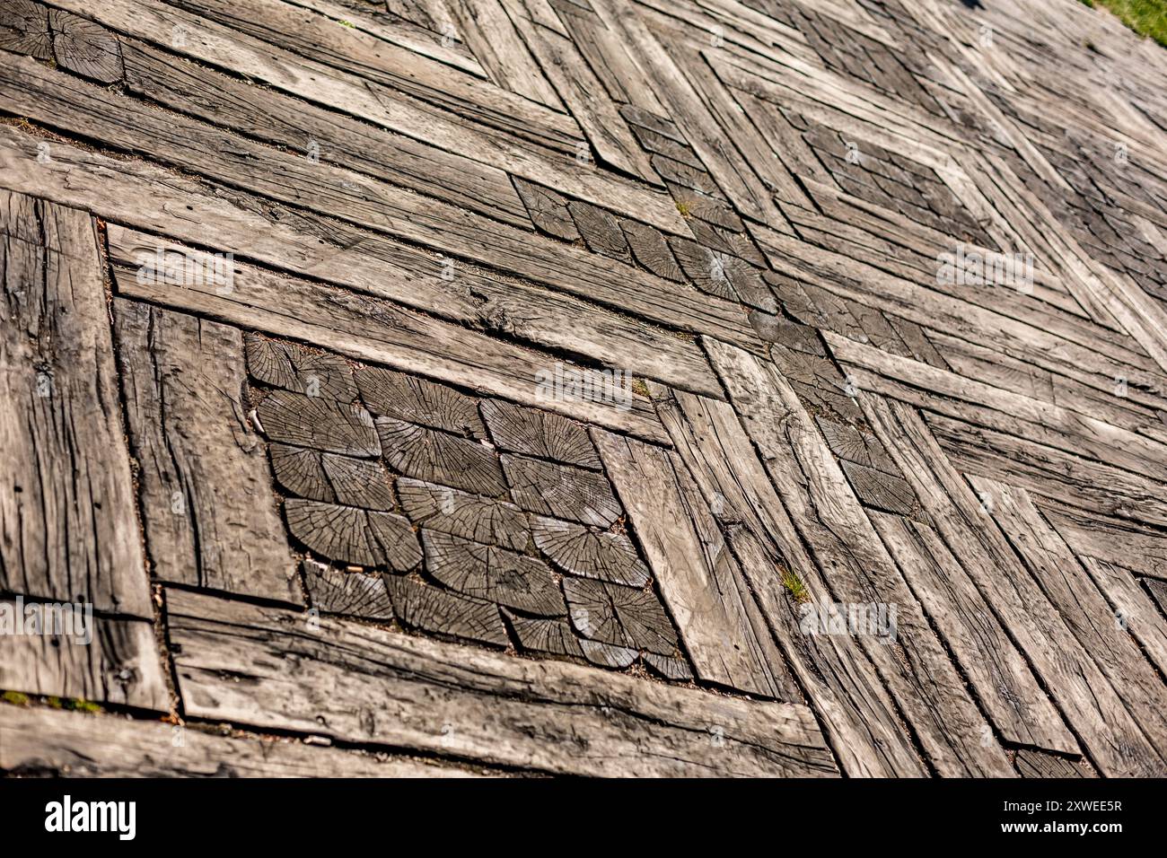 Patio made by old train sleepers. By the railroad, train travel view ...