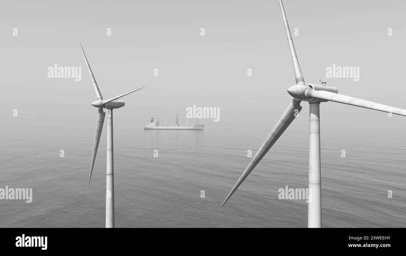 Offshore wind turbines and cargo ship in black and white Stock Photo ...