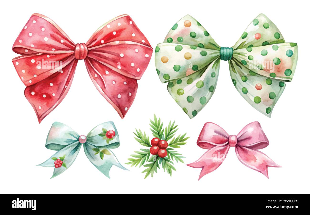 watercolor Christmas Girly Coquette Bow Set vector illustration- on ...