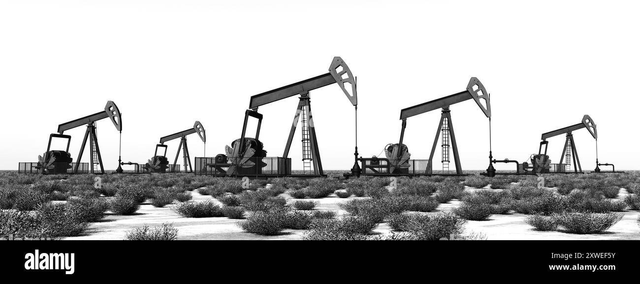 Oil pumps in a landscape in black and white Stock Photo - Alamy