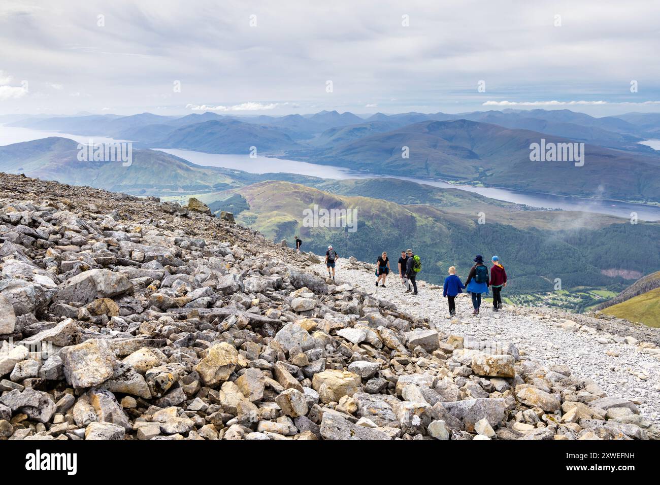 Hikers climbing Ben Nevis - highest mountain in the UK via the popular ...