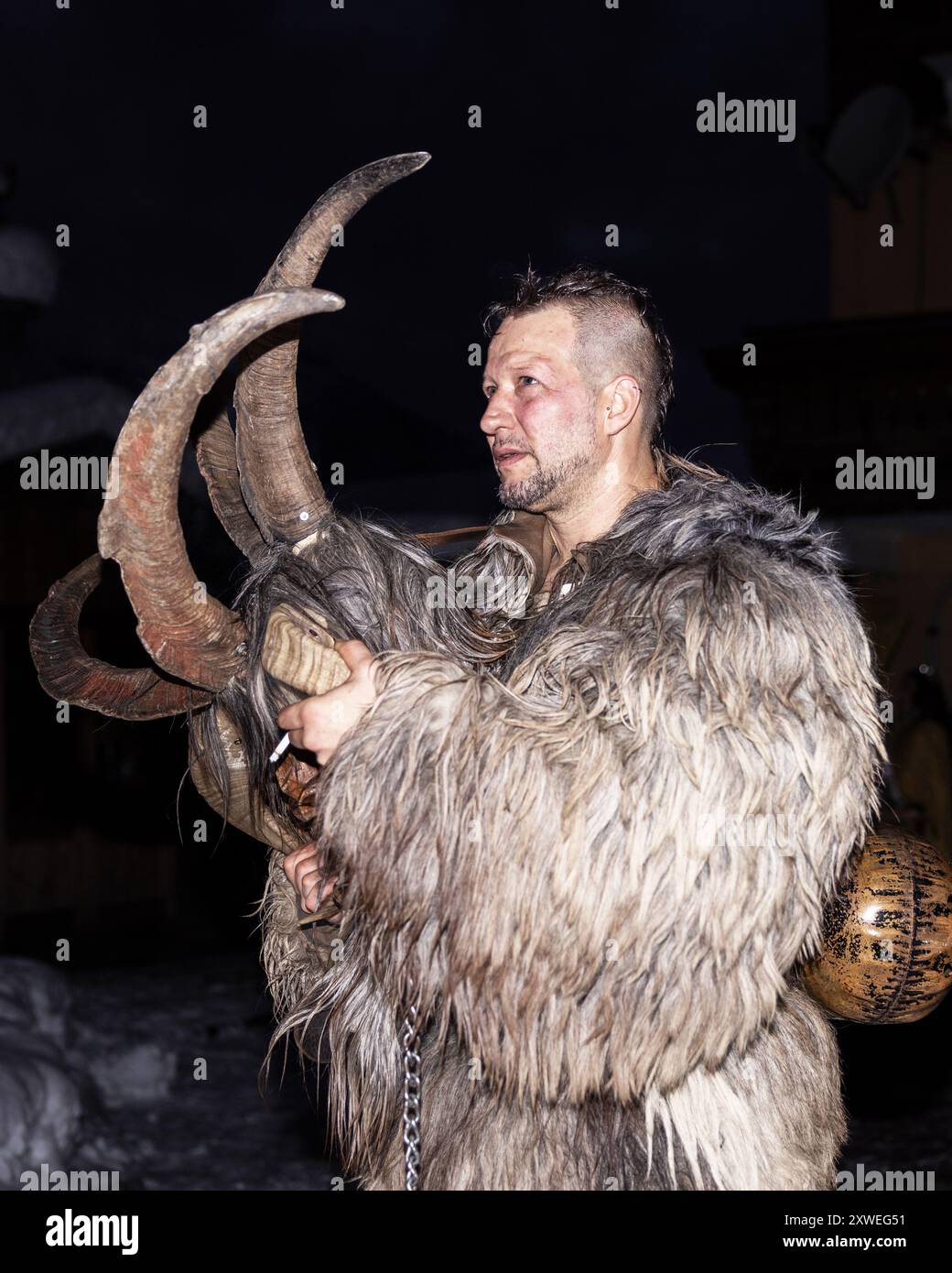 Man Wearing Traditional Goat Mask During Nighttime Carnival in the Alps ...