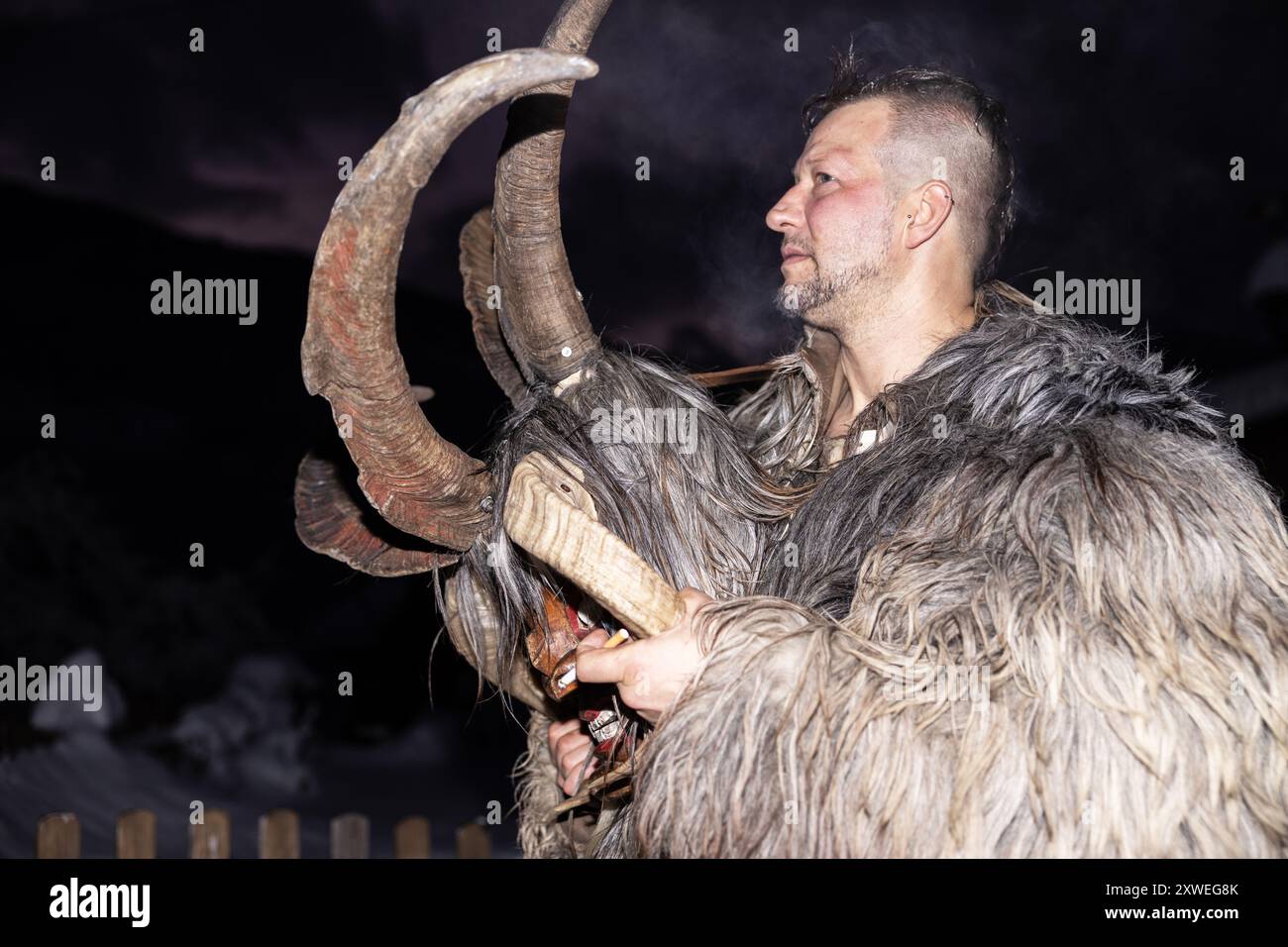 Man Wearing Traditional Goat Mask During Nighttime Carnival in the Alps ...