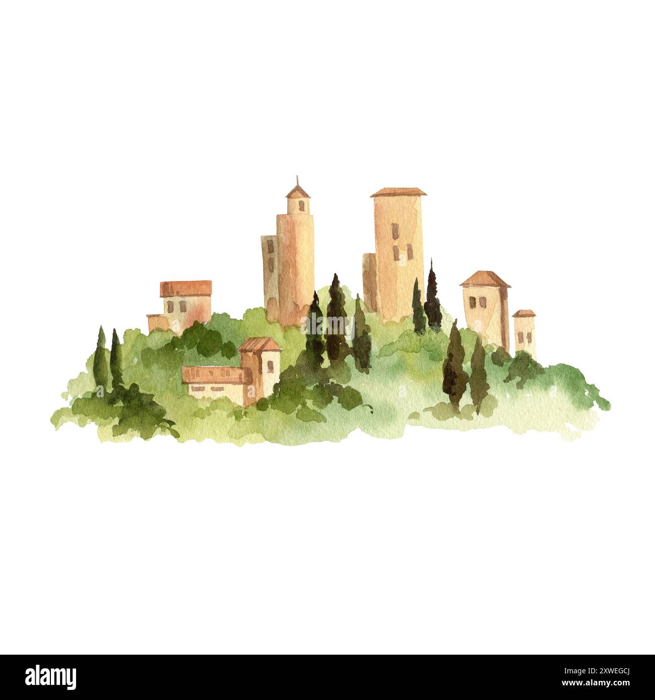 Italian rural landscape with towers and farms, cypress trees and bushes ...