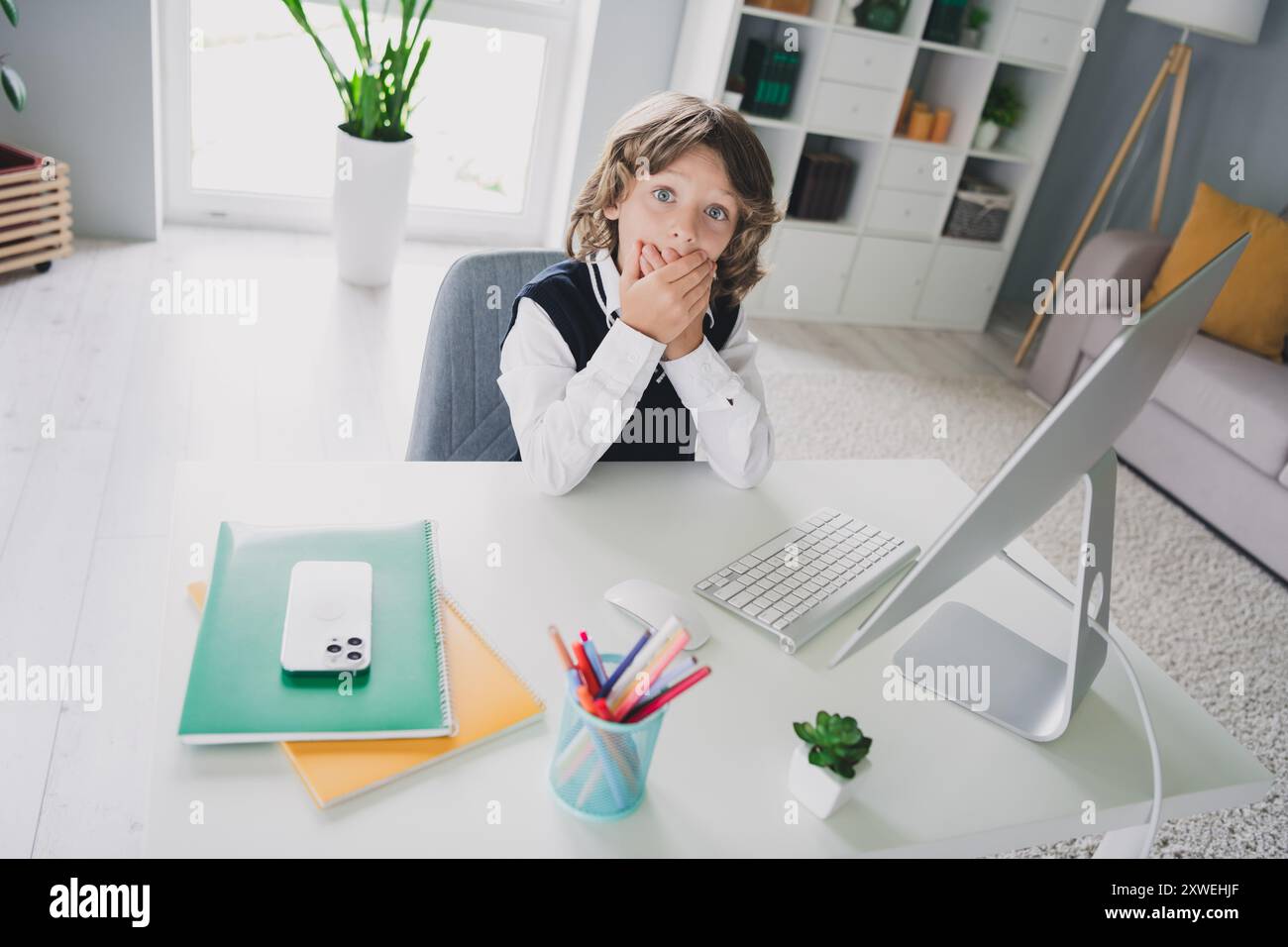 Portrait of funny cute learner boy sitting chair table computer video ...