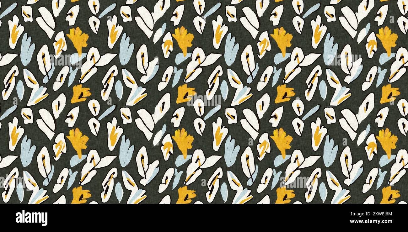Modern printed fabric flower block print pattern with linen texture ...