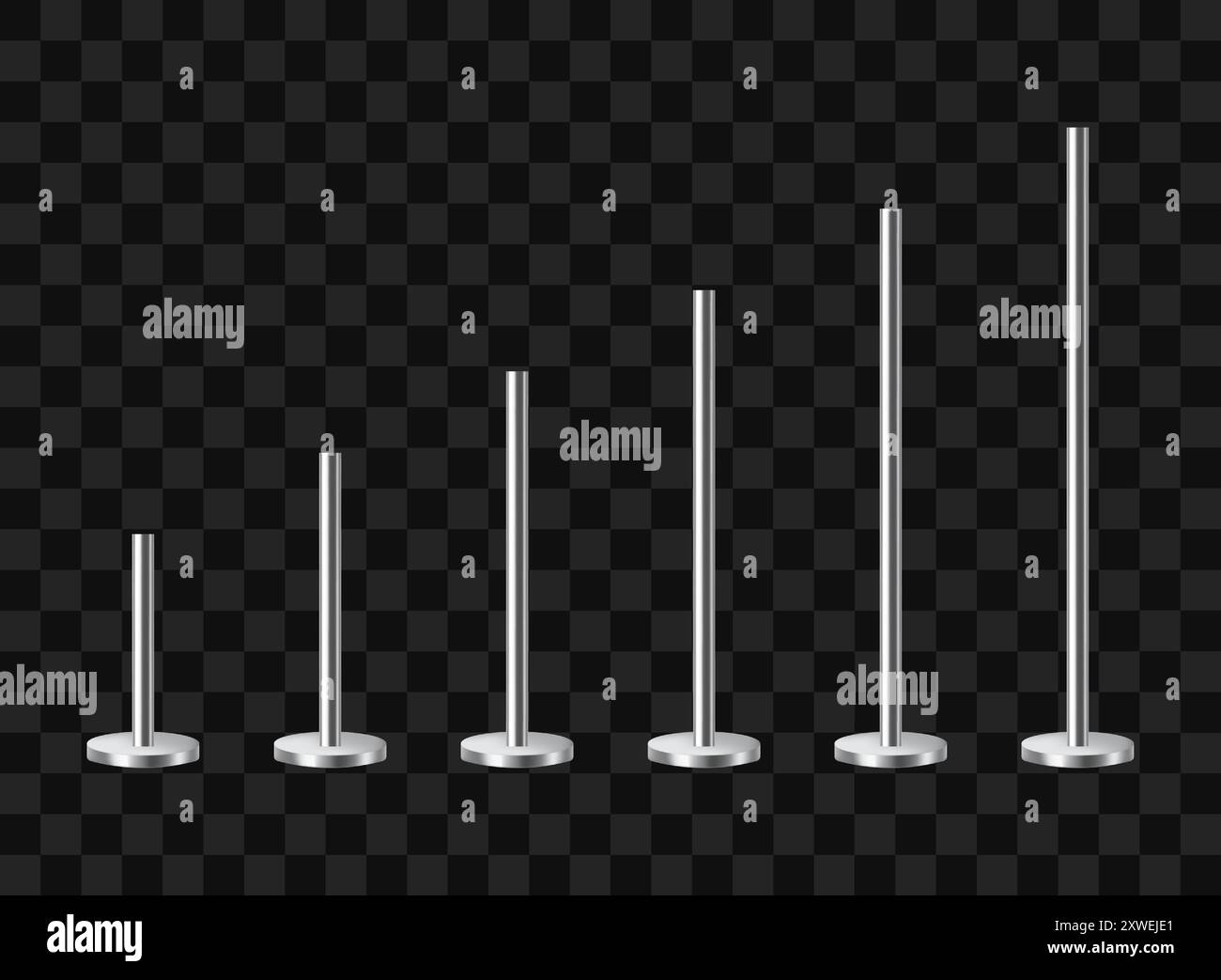 Set of realistic metal poles of different heights. Steel 3d columns ...