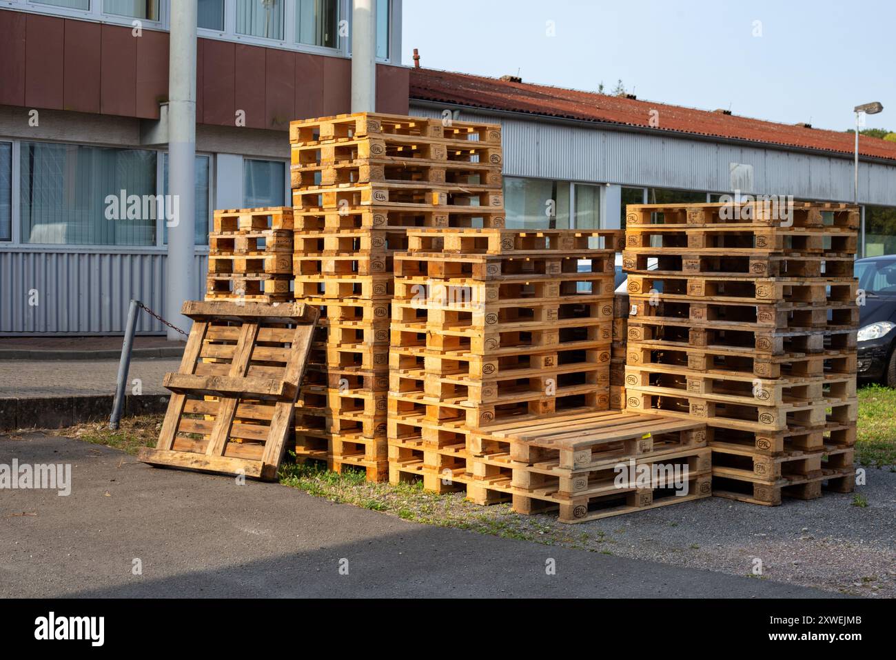 Wooden pallets. Warehouse storage. Pallets stacked. Modern and ...
