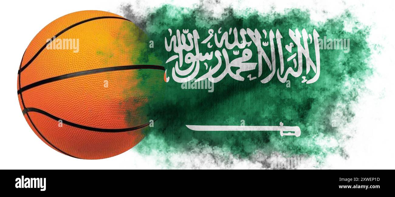 White background with basketball and Saudi Arabia flag Stock Photo - Alamy
