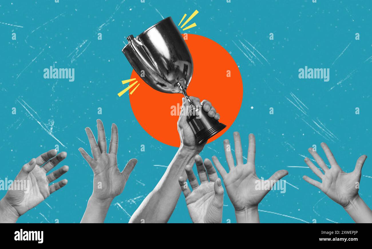 Modern art art collage depicting a hand holding a trophy and reaching ...