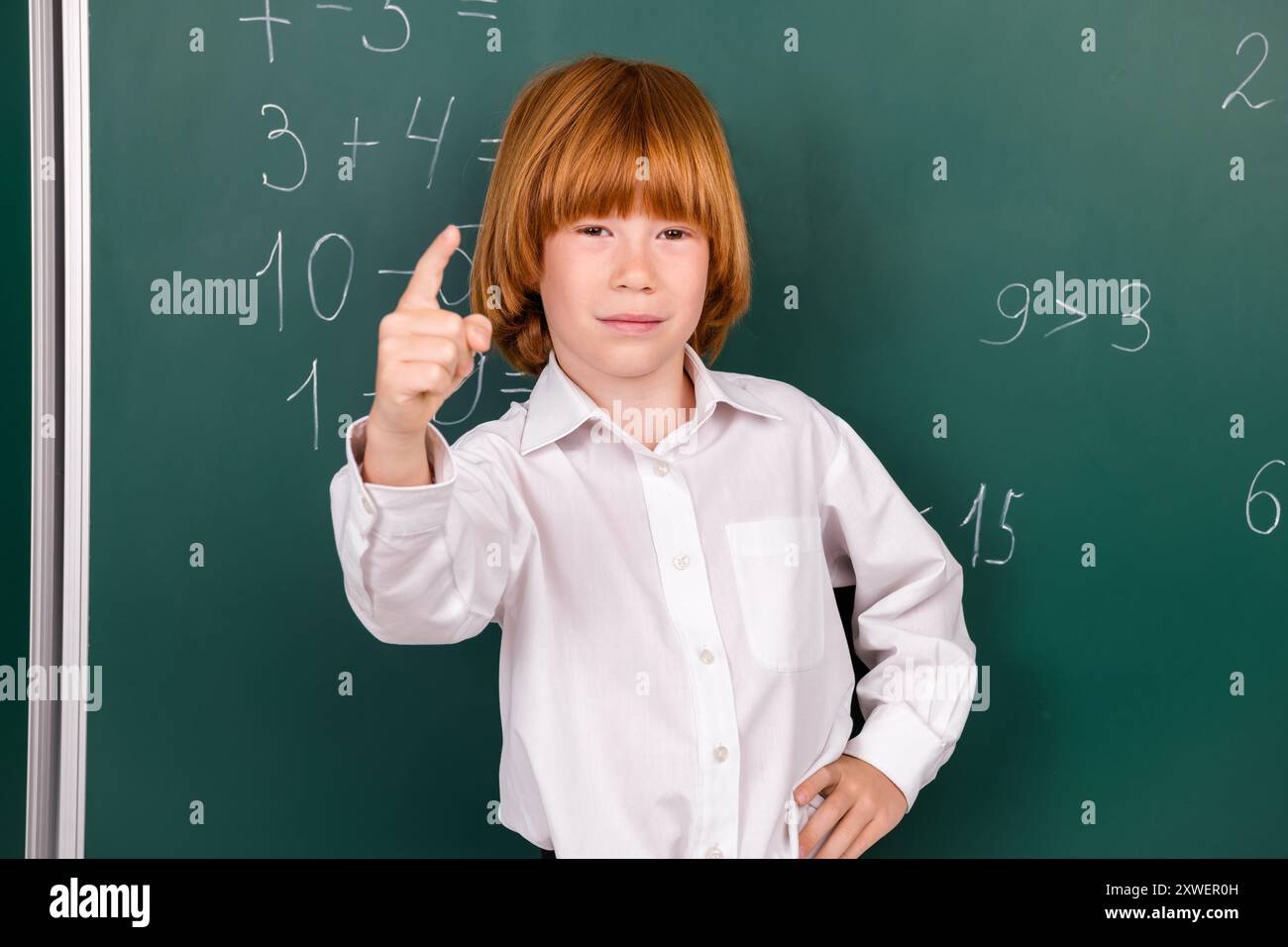 Photo of charming little pupil boy strict teacher scolding point you ...