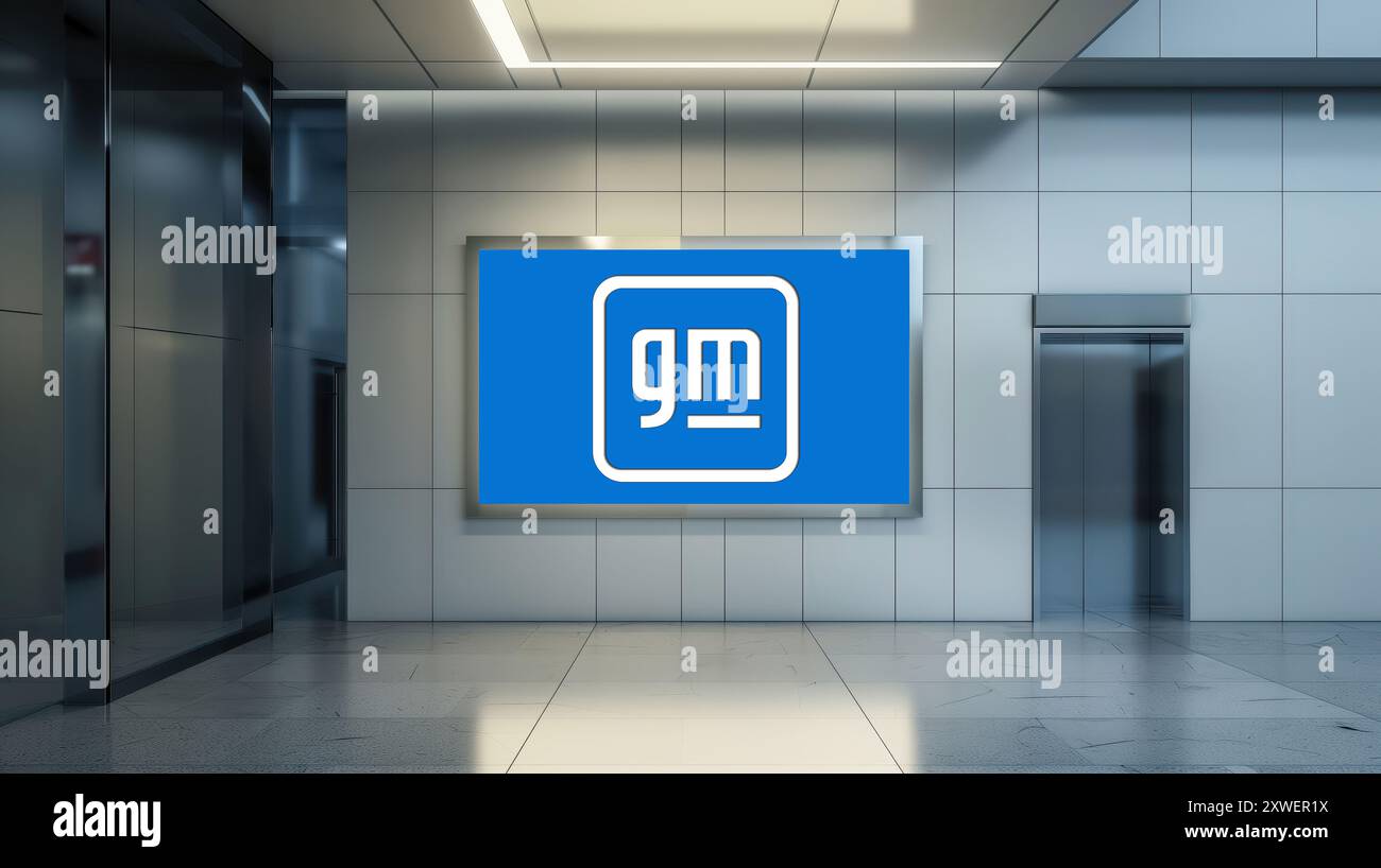 illuminated sign with the logo of general motors an automotive company ...