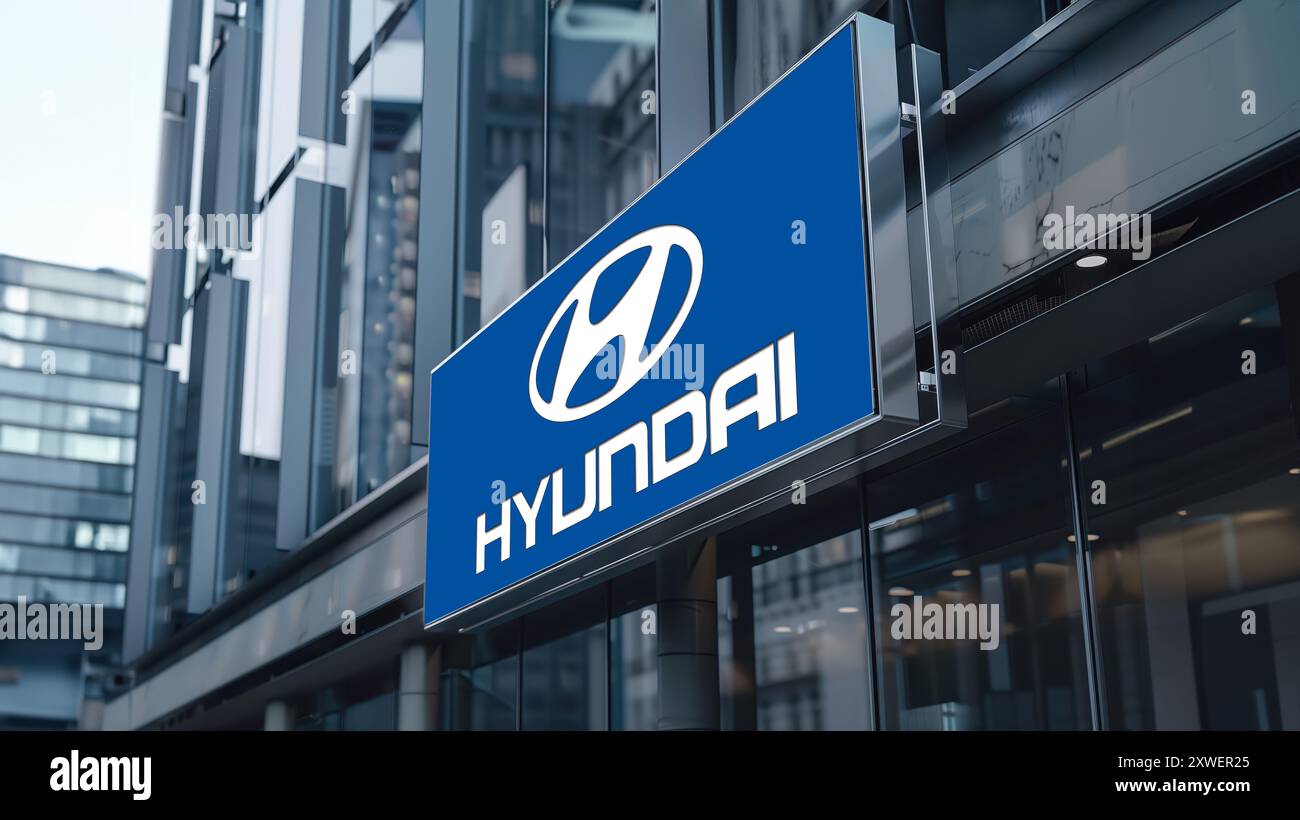 Illuminated banner with hyunday car manufacturer's logo on a glass ...