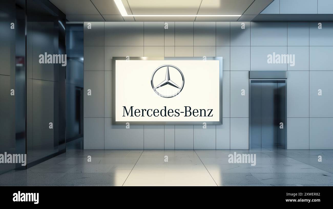 illuminated sign with the logo of mercedes benz an automotive company ...