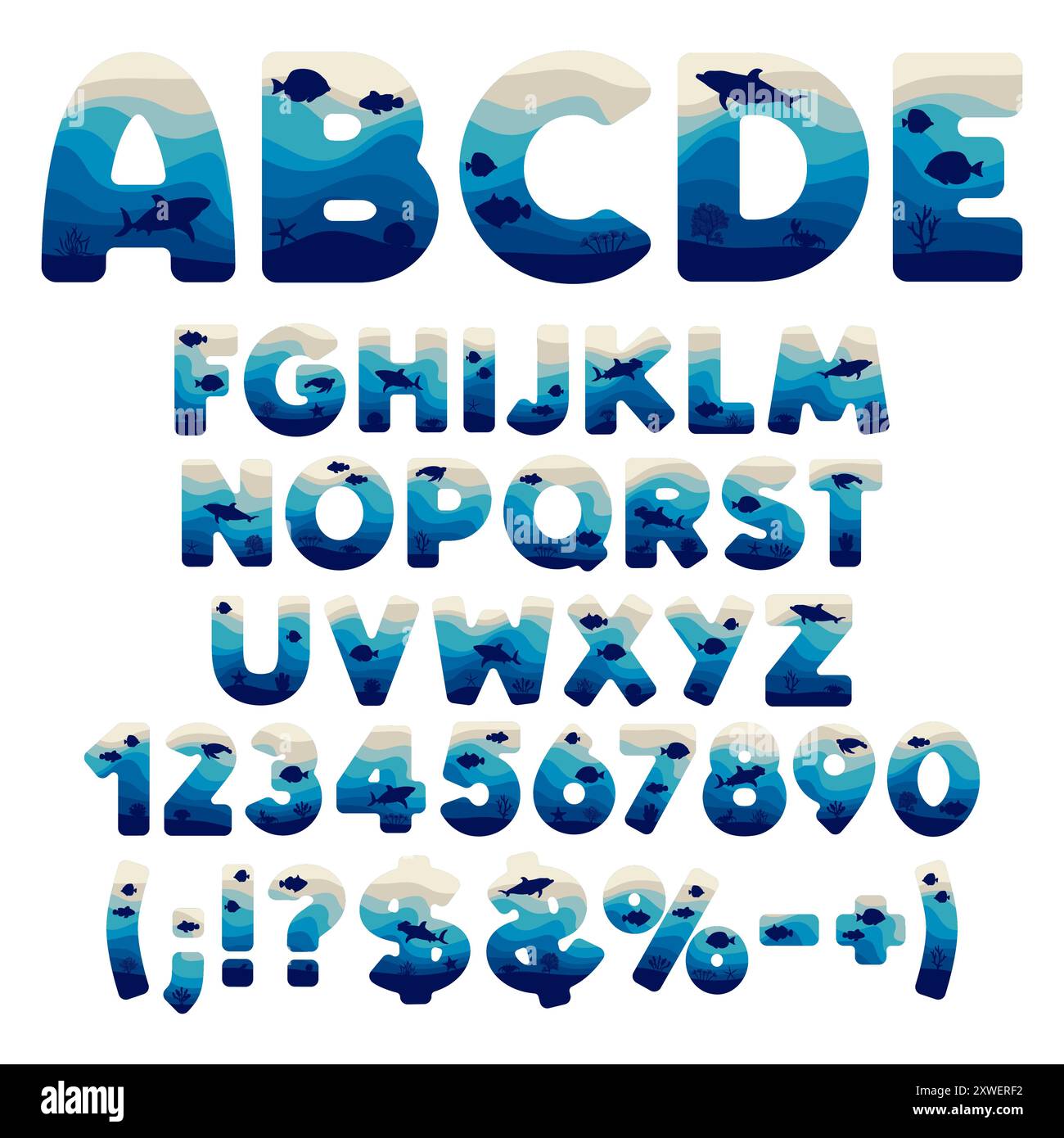 Alphabet, letter, number, sign, marine font made from layers of water ...