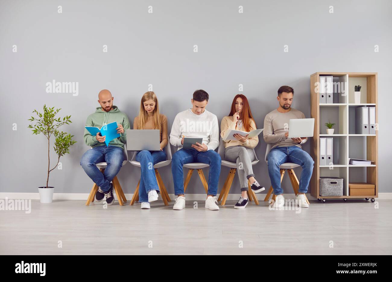 Group of smart people office chair sitting, coworking with laptops ...