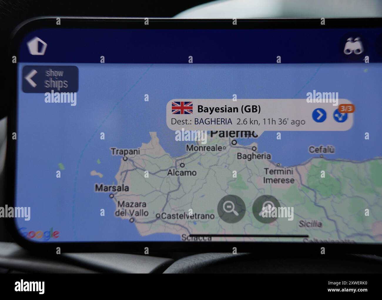 A view of the MarineTraffic app (a website that tracks vessels using ...