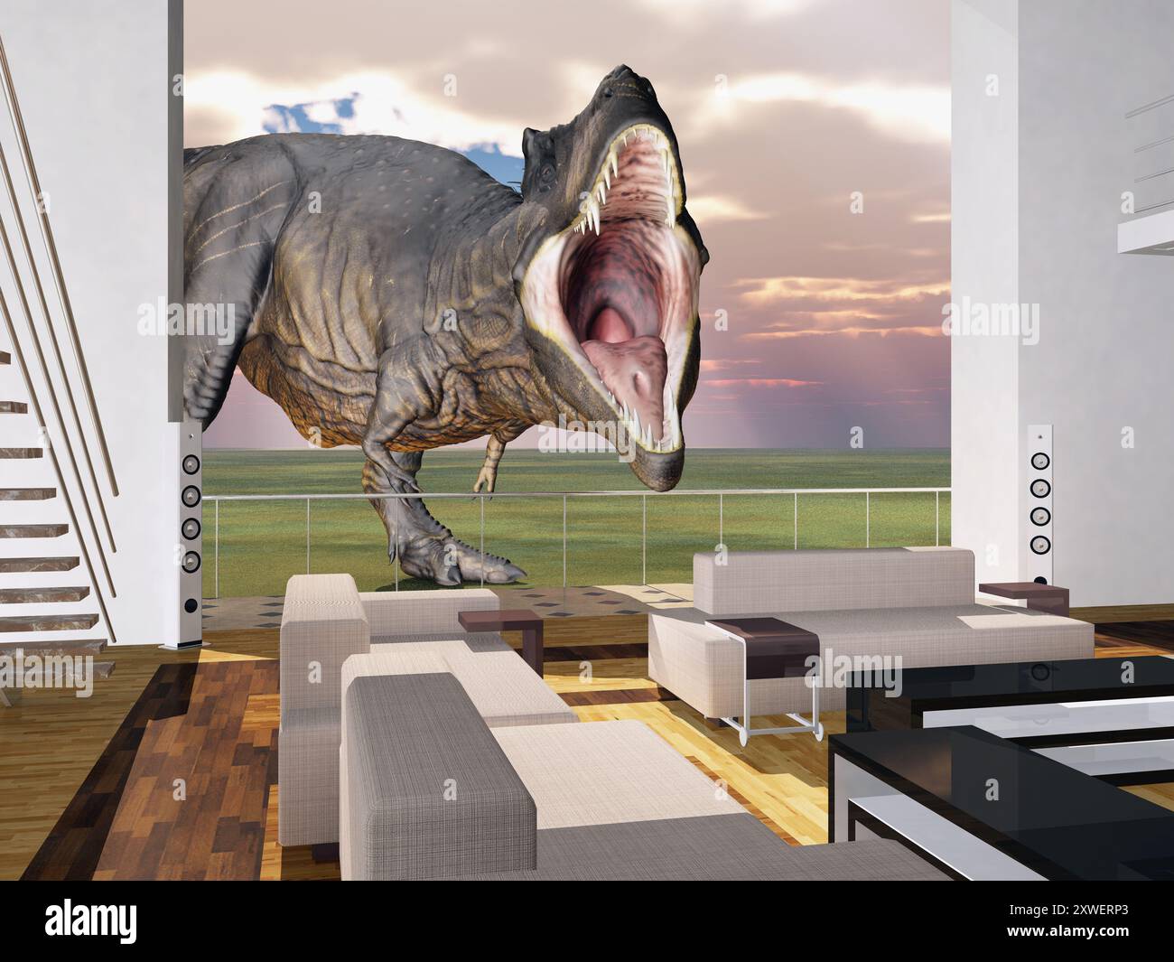Tyrannosaurus Rex in front of living room with high window Stock Photo ...