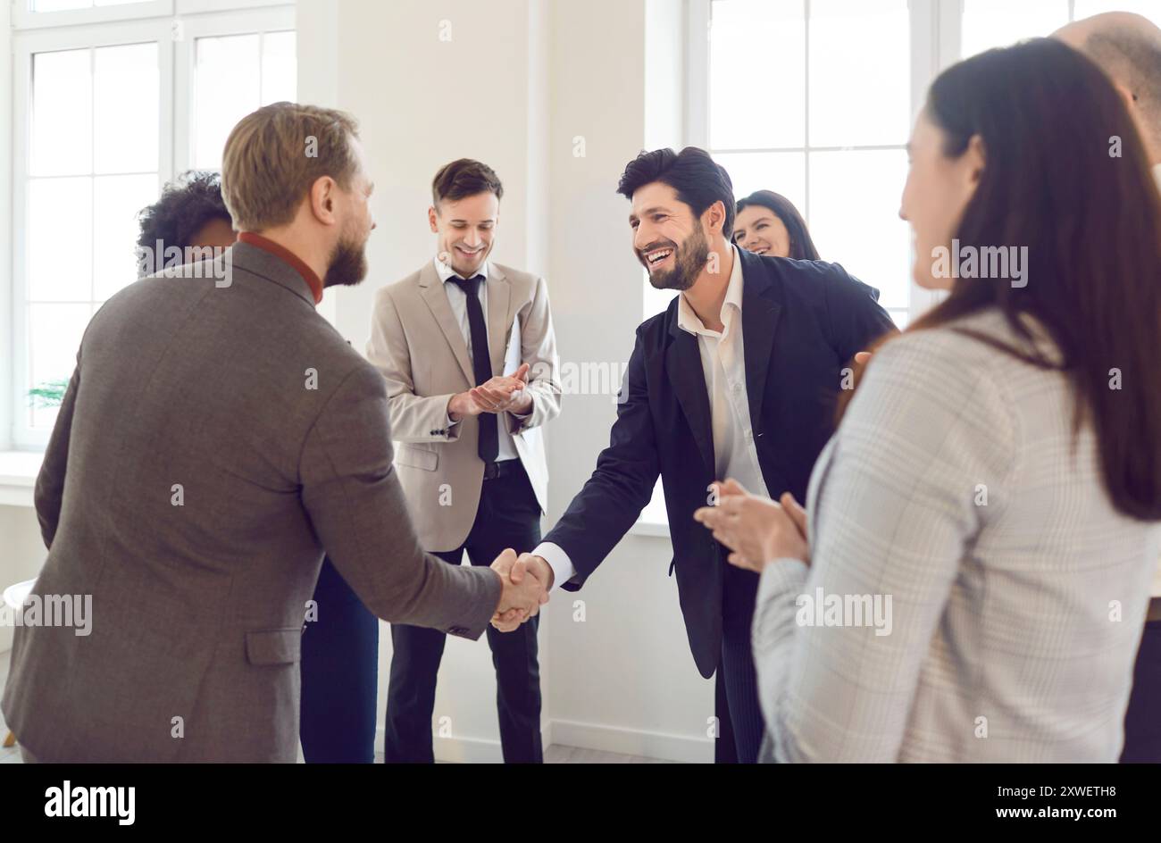 Office business group, hr managers welcoming new employee to team ...