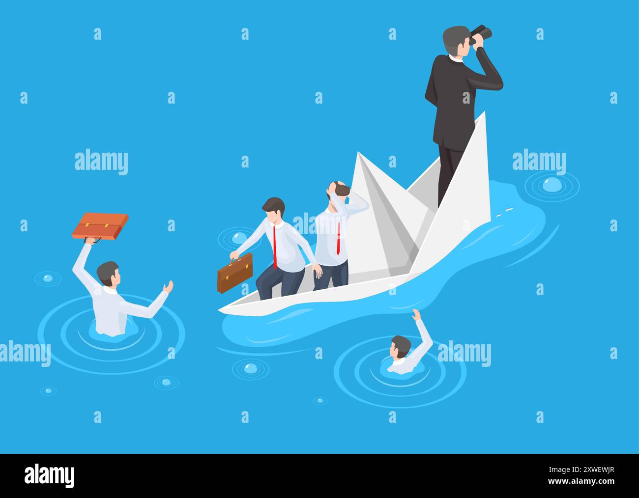 Business team with leader sinking in paper boat vector illustration ...