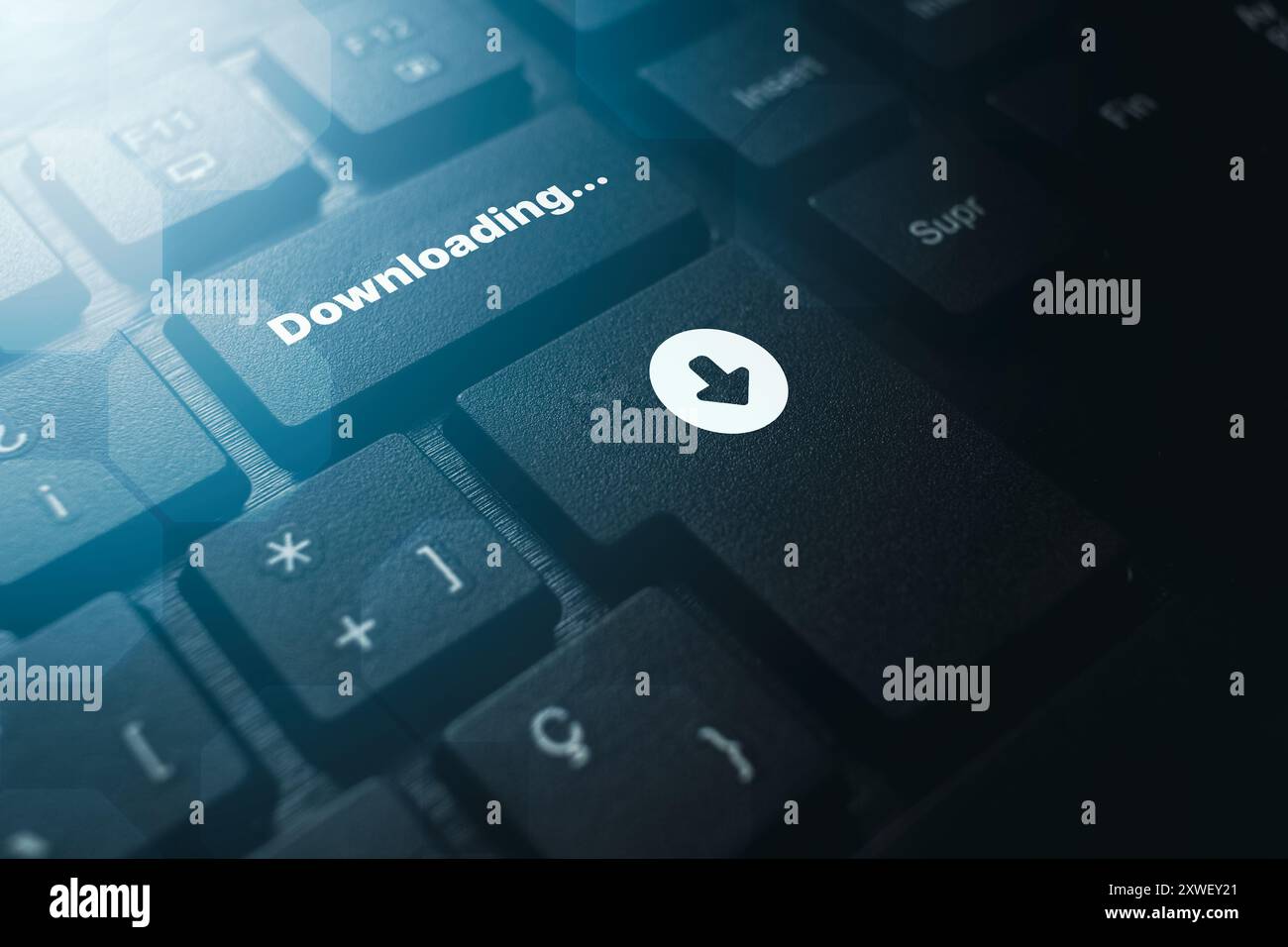 PC keyboard with downloading button. Cloud storage installing software or saving files. Data ...