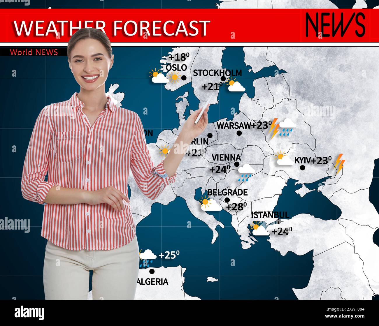 Weather broadcaster presenting forecast against map of Europe Stock ...