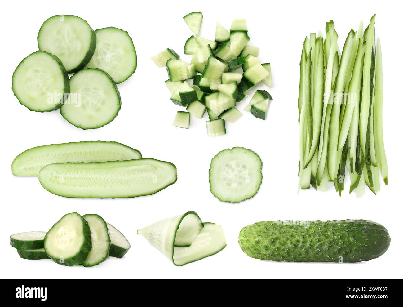 Fresh cucumbers isolated on white, collage. Different types of cuts ...