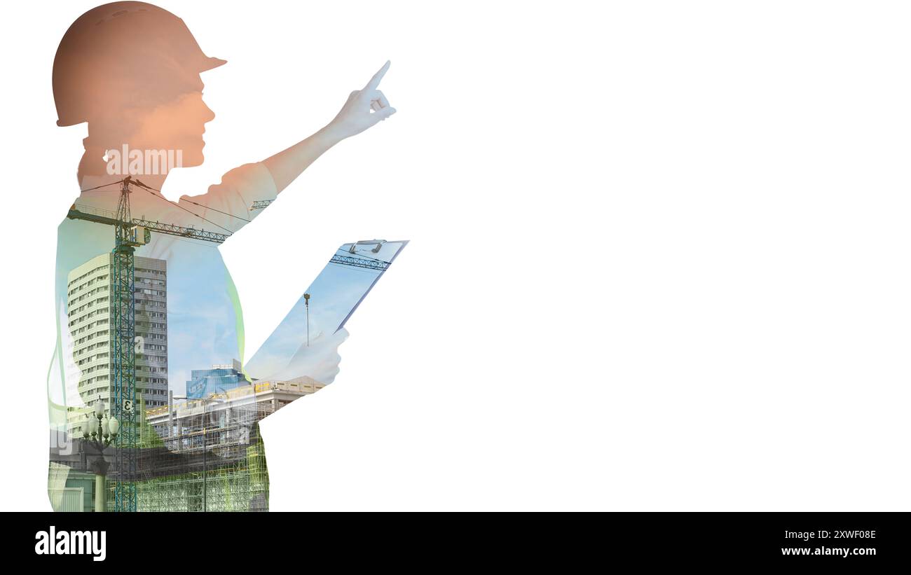 Engineer and unfinished building on white background, double exposure ...