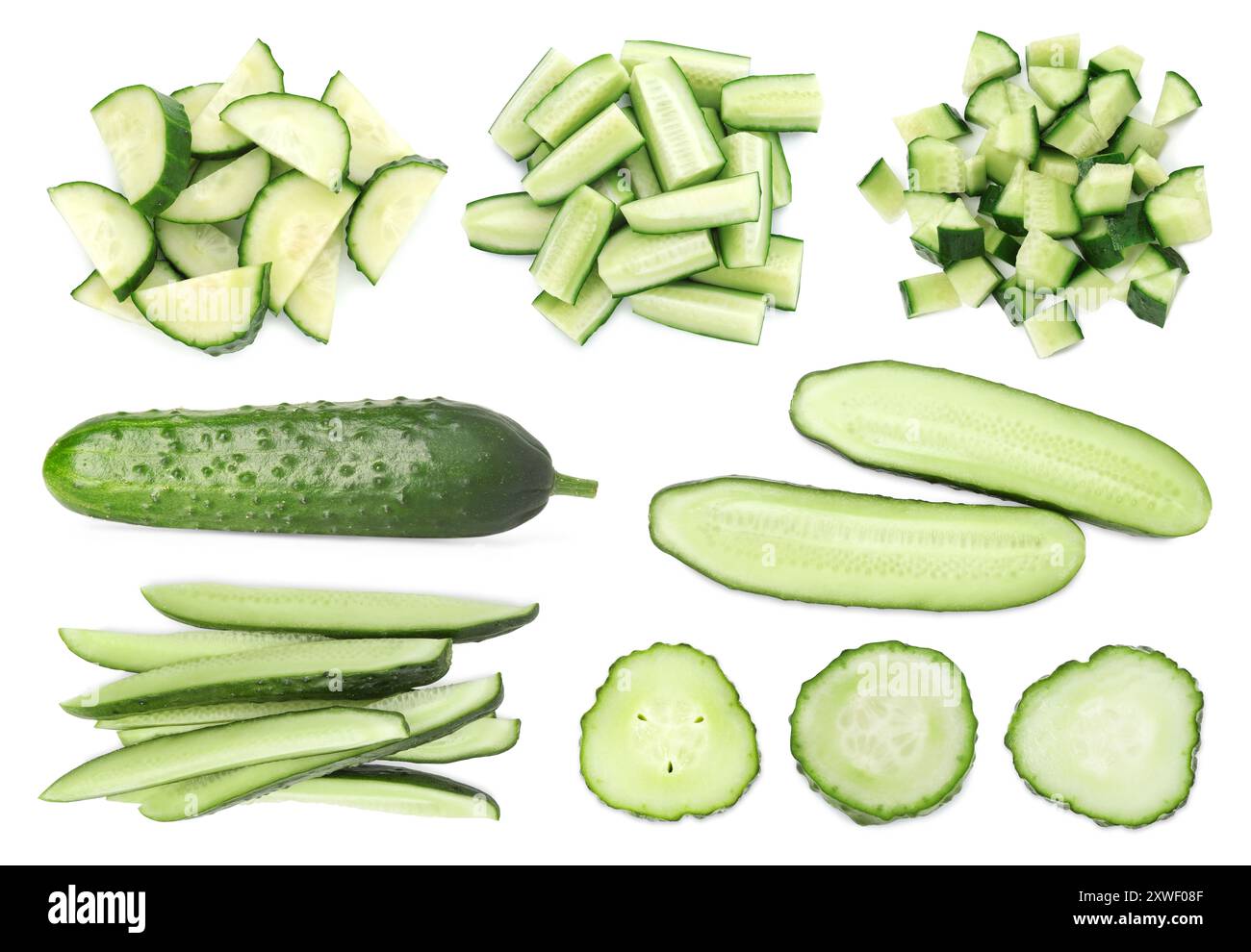 Fresh cucumbers isolated on white, collage. Different types of cuts ...