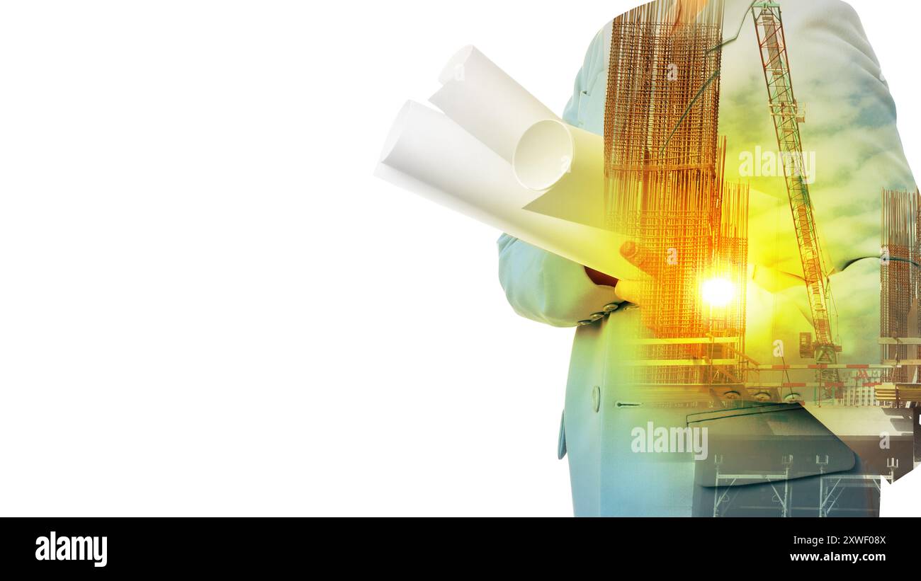 Engineer and unfinished building on white background, double exposure ...